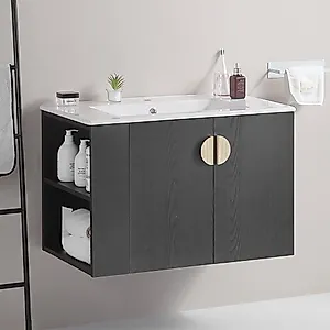 NOTOP 30" Floating Bathroom Vanity with White Ceramic Sink Comb, Modern Undermount Solid Wood Two Soft Close Doors Wall-Mounted Cabinet Set with Side Right Open Storage Shelf,Black, 30IN