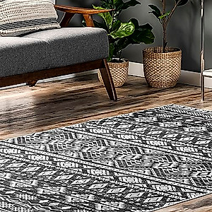 nuLOOM Madlyn Tribal Machine Washable Ultra Thin Area Rug, 4' x 6', Charcoal