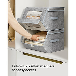 SONGMICS Stackable Storage Bins Set of 2, Storage Boxes with Lids and Front Windows, Non-Woven Fabric Closet Organizers with Magnetic Closures, Side Handles, Dove Gray URLB002W01