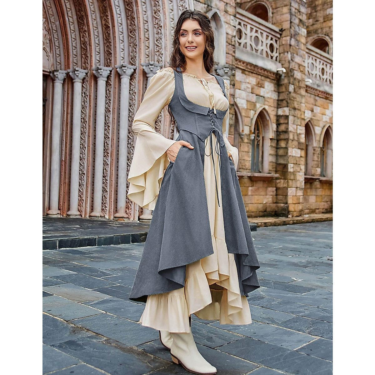 Scarlet Darkness Women Renaissnace Faire Costume Peasant Medieval Lace Up Overdress Slate Gray S