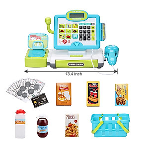 FS Pretend Play Calculator Cash Register Toy as Preschool Gift for Kids, Classic Count Toy with Sound, Microphone, Scanner, Pretend Credit Card, Play Food for Boys & Girls,45 Pieces, Ages 3 4 5 6 7