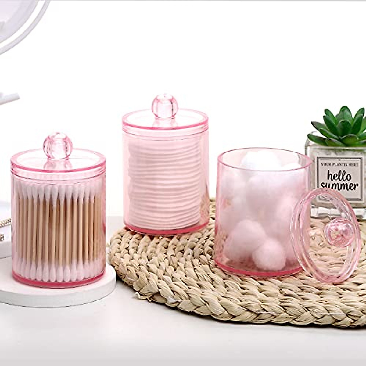 Tbestmax 4 pcs Qtips Holder Bathroom Container, 10 OZ Apothecary Jar, Pink Cotton Ball/Swabs Dispenser Organizer for Storage