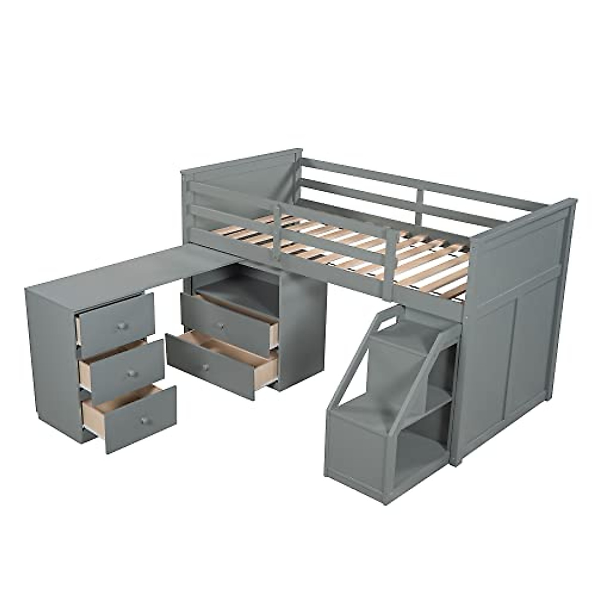 Twin Loft Bed for Kids, Low Study Wooden Loft Bed Frame with Movable Portable Desk and Storage Steps, Low Loft Bed for Kids, Teens (Gray)