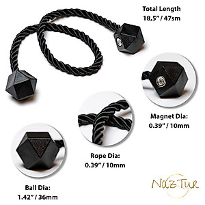NazTur Magnetic Curtain Tiebacks- Upgrade 2022 with a Thicker Twist Rope & Strong Magnet Tieback Window Treatment Holdbacks Draperies Holders Decorative Drape Handmade Tie Back (Black, 4)