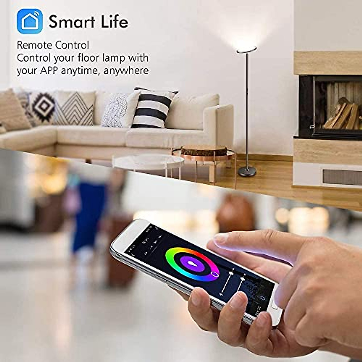 Floor Lamp, Super Bright RGBW Smart WiFi LED Floor Lamp for Reading, Dimmable Torchiere, for Living Rooms Bedrooms, for DIY, Compatible with Alexa & Google Home, Black, 25W