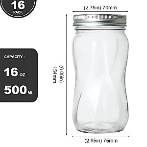 KAMOTA Mason Jars 16 OZ With Regular Lids and Bands, Ideal for Meal Prep, Jam, Honey, Wedding Favors, Shower Favors, DIY Spice Jars, 12 PACK, 20 Whiteboard Labels Included