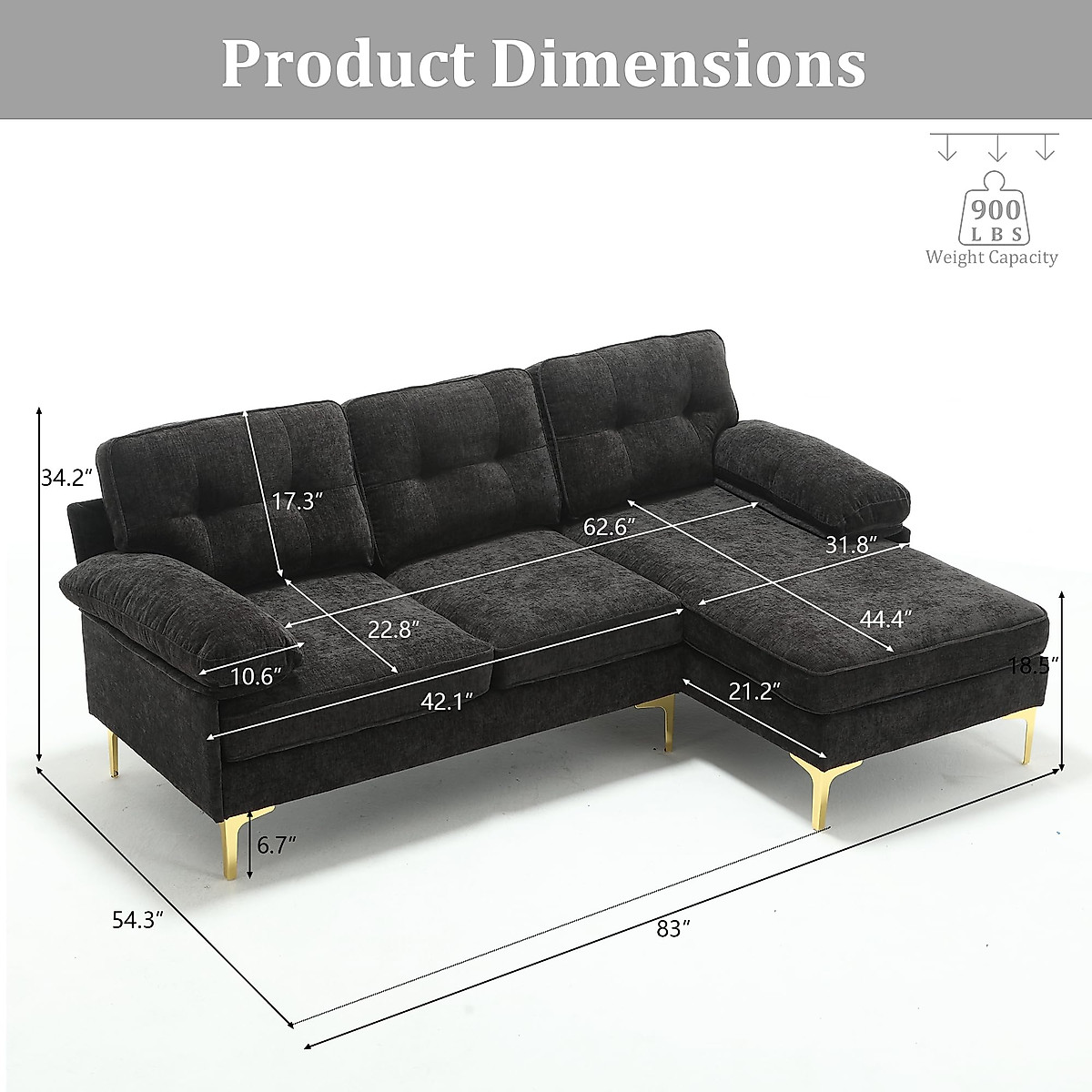 VEPXXP 83" Convertible L Shaped Sofa, Modern Sectional Sofa with Chaise & Comfy Cushion, Chenille 3 Seater Couch Small Couches for Living Room Apartment Small Space, Black