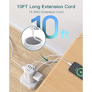 Power Strip Tower Surge Protector - 10 FT Extension Cord with Multiple Outlets, 12 Outlets 4 USB Ports Electric Power Tower, Flat Plug, Desktop Charging Station for Office Home Dorm Essentials White