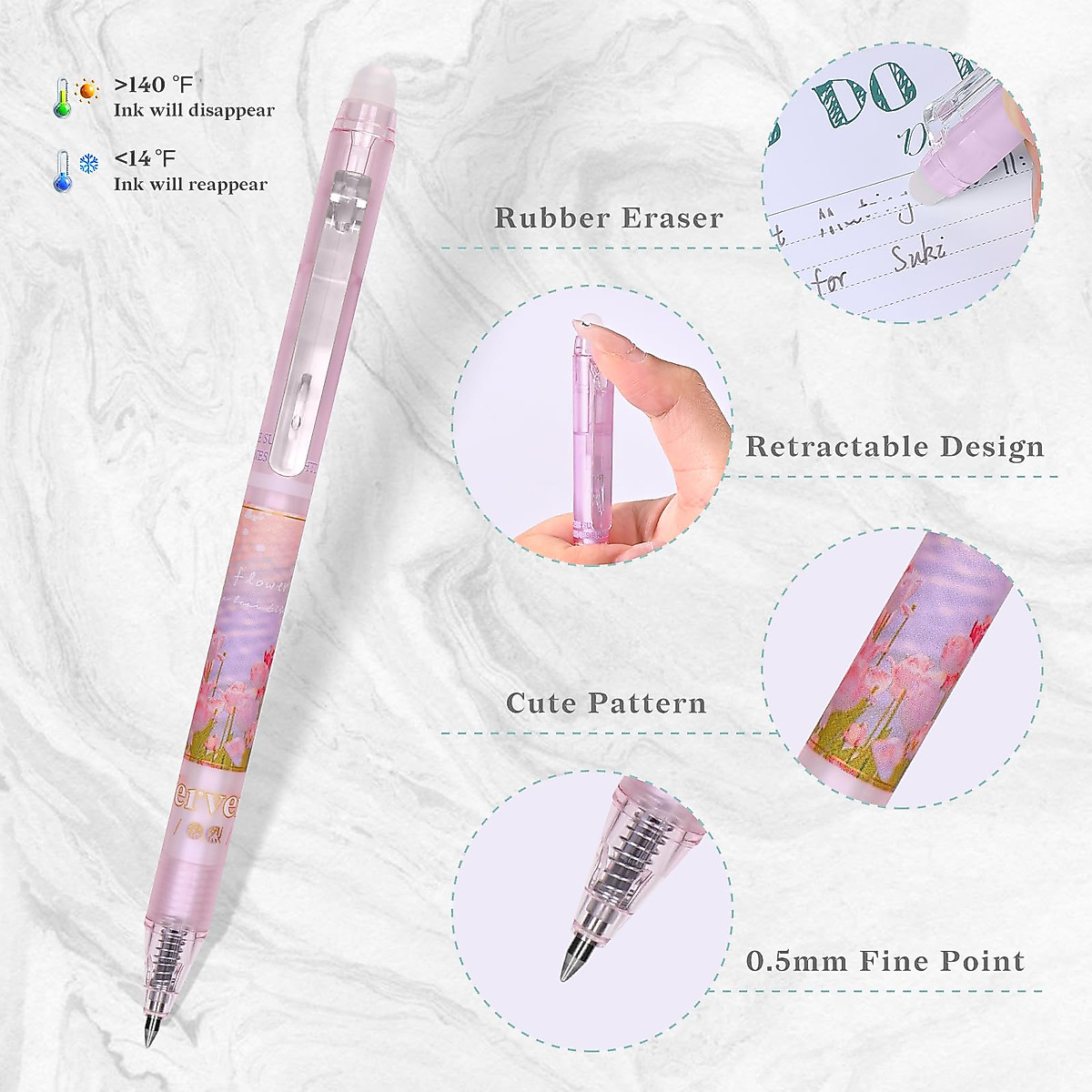 Temiary 12Pcs Cute Erasable Gel Pens, Make Mistakes Disappear, 0.5mm Fine Point Smooth Writing for Planner, Blue and Black Ink Pen No Smudge for School Office Supplies (Romantic)