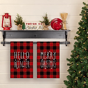 Artoid Mode Buffalo Plaid Merry Christmas Kitchen Towels Dish Towels, 18x26 Inch Hello Winter Seasonal Decoration Hand Towels Set of 2