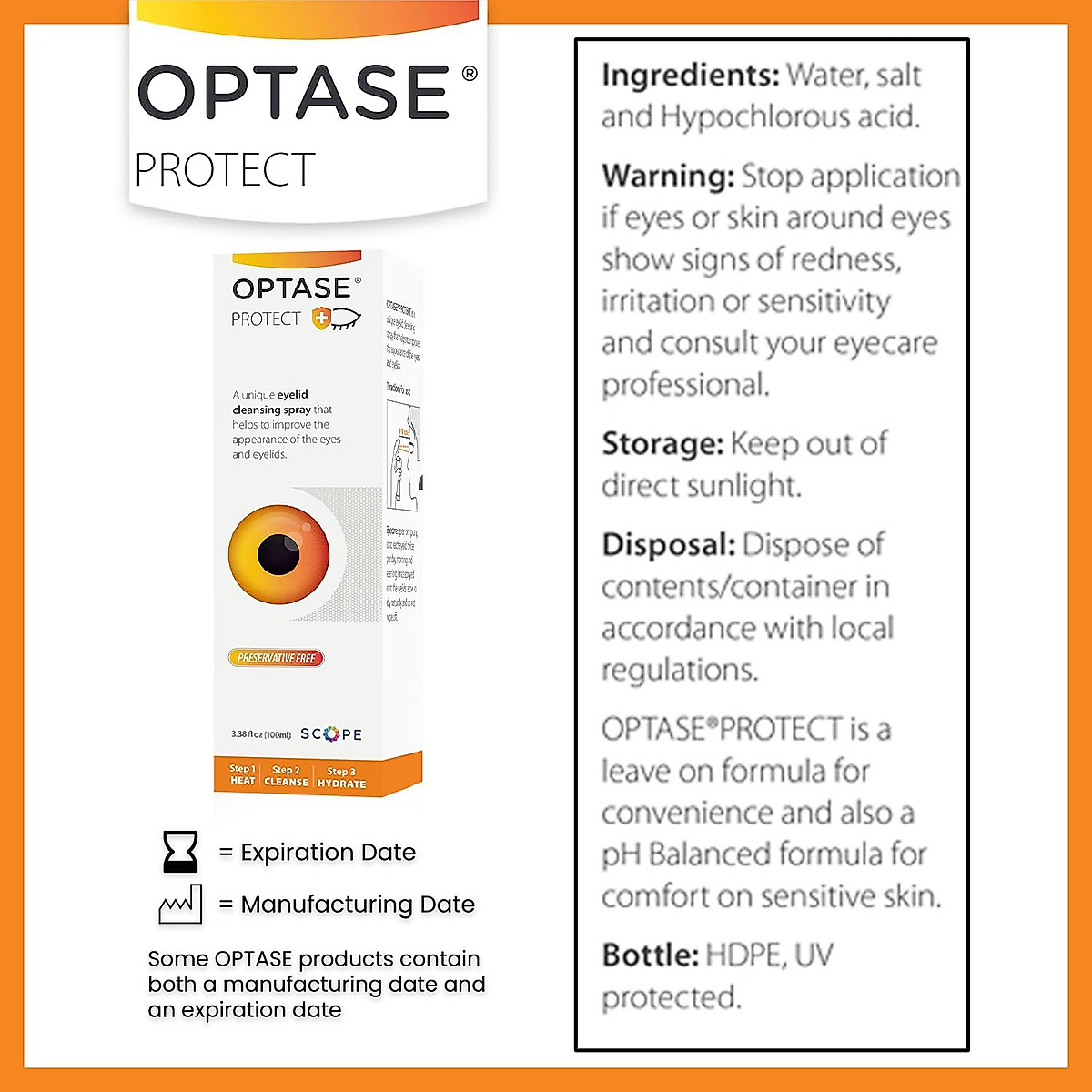 Optase Protect Eyelid Cleansing Spray - Hypochlorous Acid Spray for Daily Protection - Soothing for Dry Eye, Blepharitis, and Stye Treatment - Hypochlorous Acid Eyelid Cleanser - 100 ml