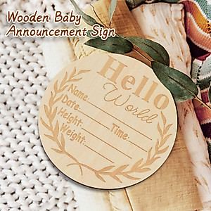 Aitikili Baby Announcement Sign - Hello World Newborn Sign,Wooden Baby Birth Announcement Sign for Nursery,Baby Name Sign for Hospital,Welcome Baby Newborn Arrival Sign Announcement Board for Photo