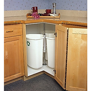 Kitchen Inventions Rotating Corner Base Cabinet Recycling Trash Center with Three Bins 3 x 32 qts Capacity Chrome/White