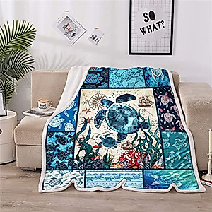 Zzkslife Sea Turtle Blanket Sherpa Fleece Blanket Cute Turtle Decor Animal Blanket for Bed Couch, Blue Sea Turtle Gifts for Women(Turtle,Throw,50"×60")