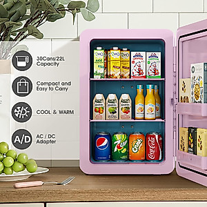 Kikihuose 22L/30Cans Mini Fridge for Bedroom, 12v DC Portable Cooler & Warmer, Mini Refrigerator with Glass Front, for Car Office Desk & Dorm Room Beverage Skincare Makeup (Fast Cooling Pink)