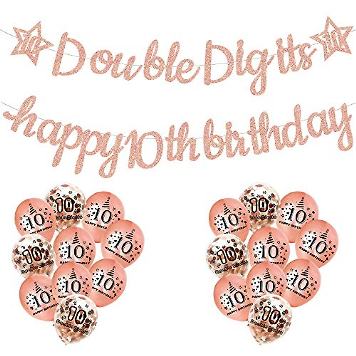 10th Birthday Decorations Banner Balloons - (22pack) Rose Gold Glitter Banner for Girls Boys, Double Digits Banner, Happy 10th Birthday. 20pcs 12 inch Balloons