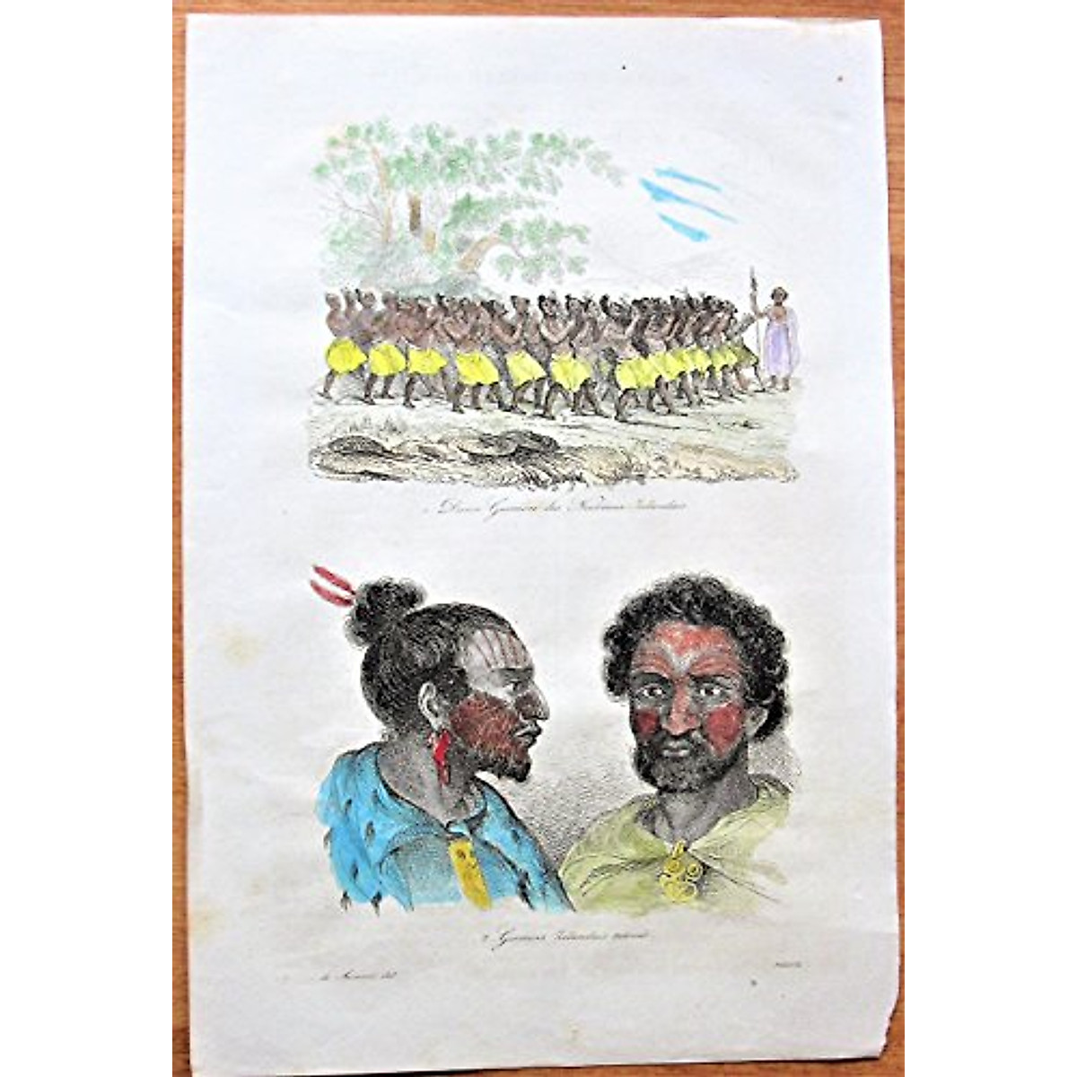 Antique Copperplate Engraving: Warrior Dance of the New Zealanders and Warrior Tattoos