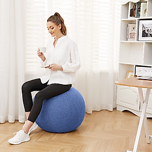 Exercise Ball Chair with Fabric Cover, Pilates Yoga Ball Chair for Home Office Desk, Pregnancy Ball & Balance Ball Seat to Relieve Back Pain, Improve Posture, Birthing Ball for Pregnancy (Blue)