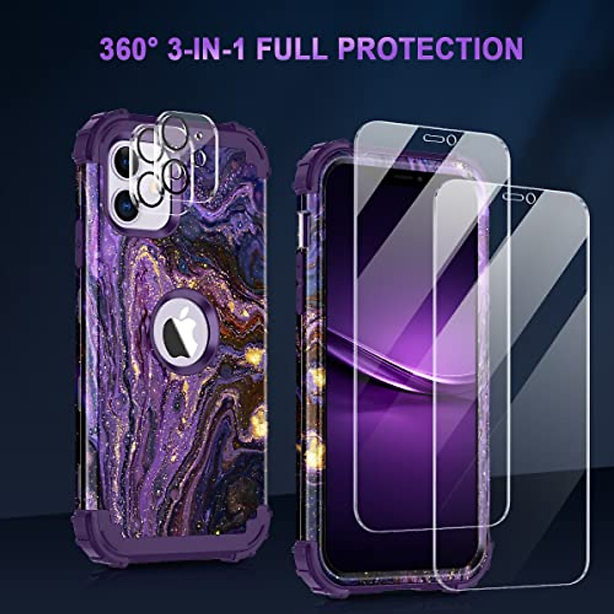 Miqala for iPhone 11 Case with 2 Tempered Glass Screen Protector+ 2 Camera Lens Protector,Three Layer Shockproof Heavy Duty Full Body Protective Case for Apple iPhone 11 6.1 inch.,Purple