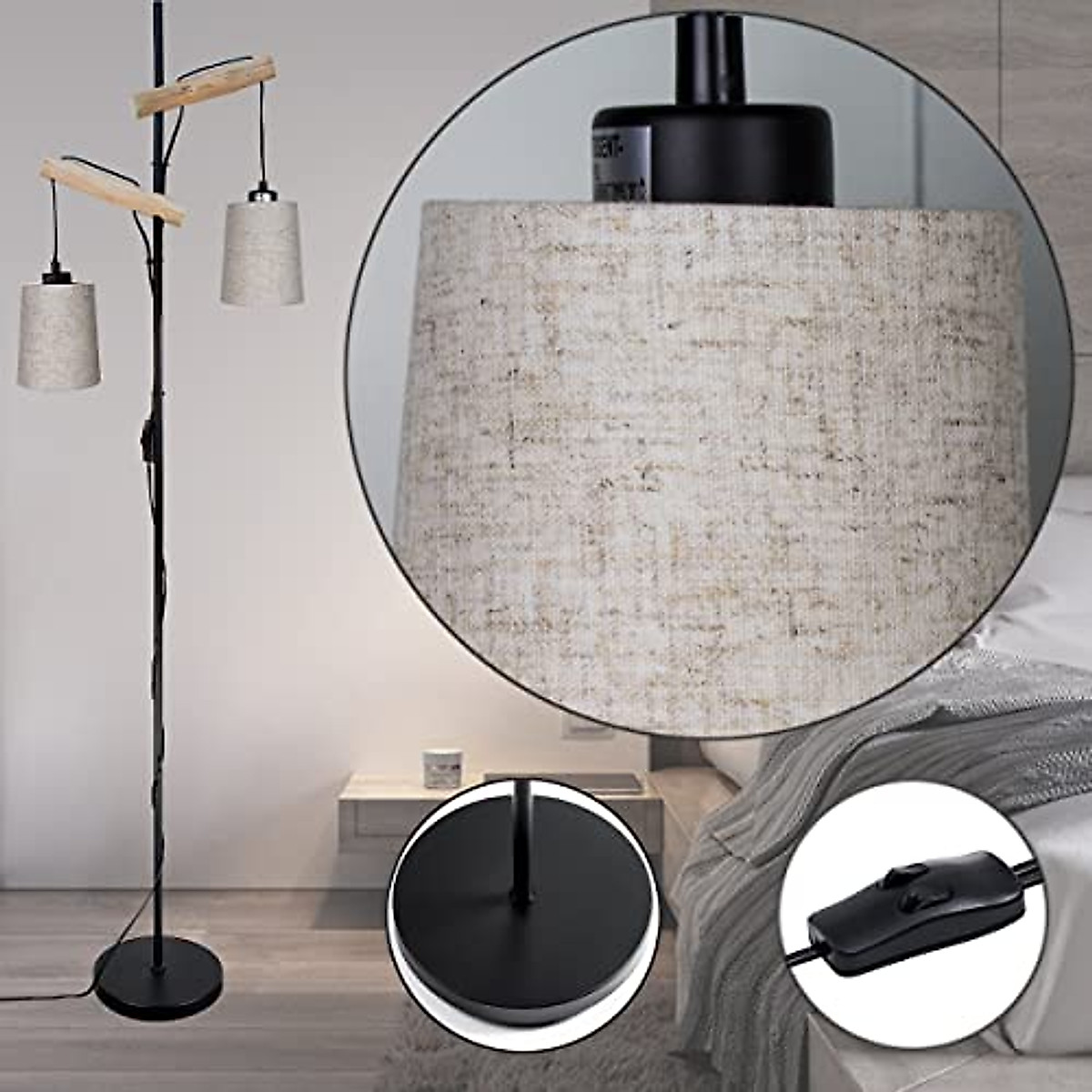 Eusamxon Hanging 2 Lights Floor Lamp Rustic Farmhouse Tall Standing Lamps with Double Fabric Lampshade Floor Lamps for Living Room Bedroom Office Home Lighting Decor.