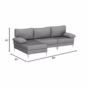 Divano Roma Furniture Modern Velvet L-Shape Sectional Sofa, with Extra Wide Chaise Lounge Couch, Grey