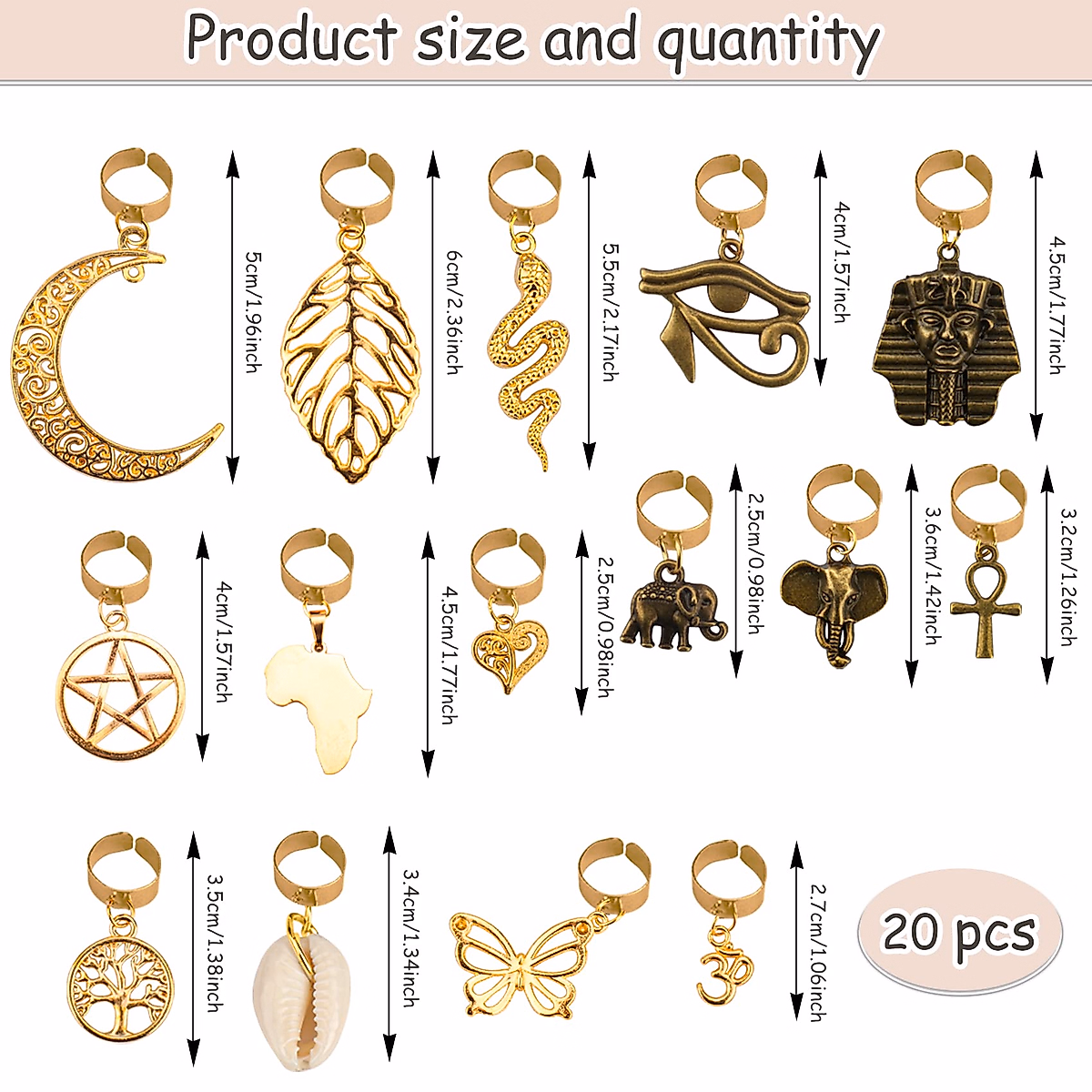 Messen 20 PCS Locs Hair Jewelry Braids Hair Clips Adjustable Hair Cuffs 15 Styles Vintage African Pendant Hair Charms Butterfly Shell DIY Locs Hair Accessories (Bronze and Gold)