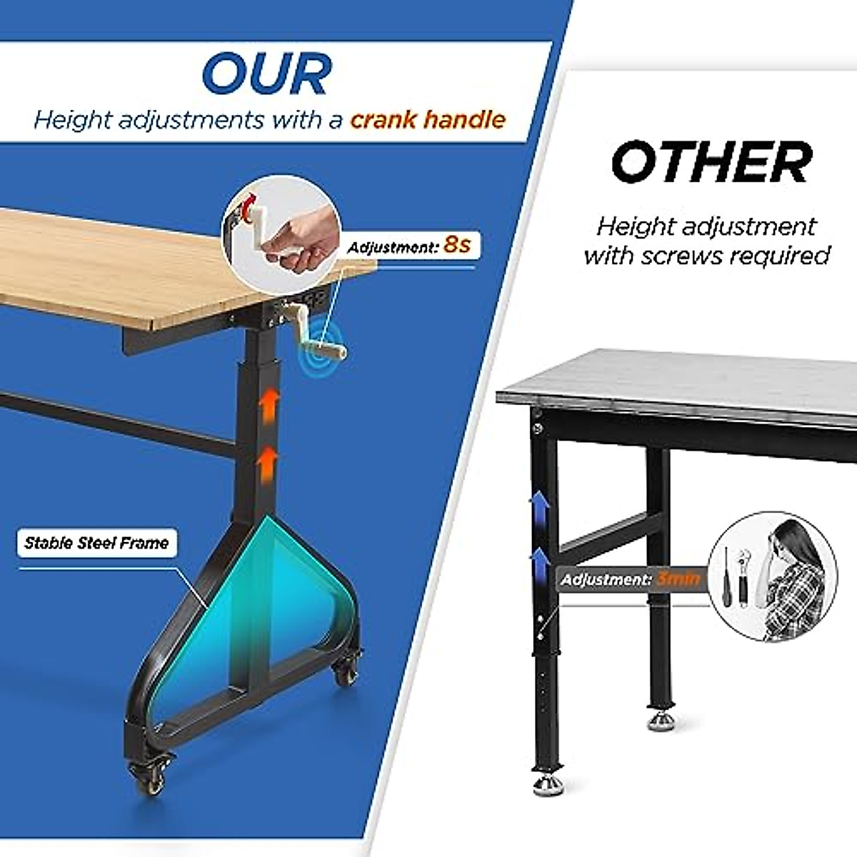BMJX 43.3” Work Benches for Garage Height Adjustable Work Table with Crank Handle & Casters, Heights from 30” to 41.3”, Wooden Top Workbench for Workshop, Office, Home