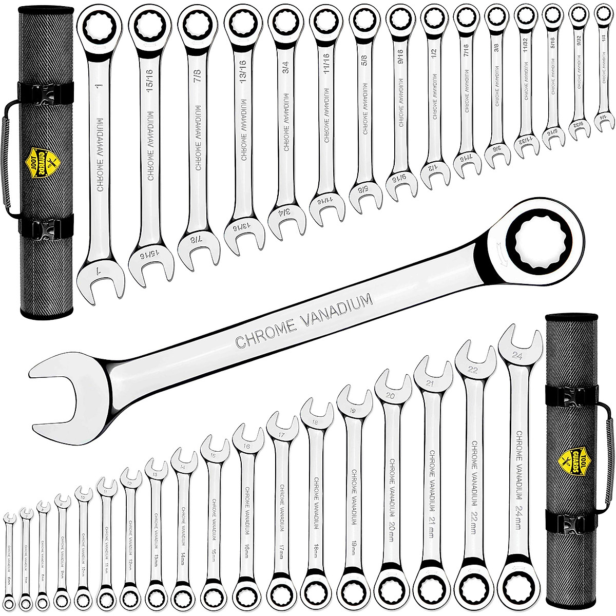 TOOLGUARDS Complete Ratcheting Wrench Set 33pcs - Metric and Standard - Combination Ratchet Wrench Set - 100% Lifetime Satisfaction Guarantee - Large