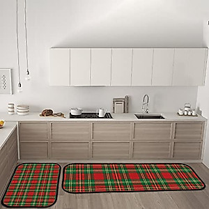 Vantaso Kitchen Floor Mat Rug Tartan Check Christmas Plaid Set of 2 Cushioned Non-Slip Comfort Runner Rugs