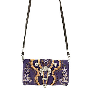 Justin West Concealed Carry Western Silver Flower Buckle Laser Cut Embroidered Triple Layer Studded Crossbody Trifold Wallet (Purple Trifold Wallet ONLY)
