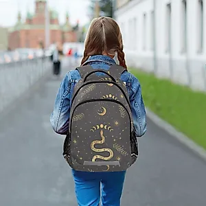 NFMILI Golden Snake Moon Kids Backpack Lightweight Middle School Elementary Bookbags for Boys Girls School Bag with Chest Strap 11.6 X 6.9 X 16.7 in