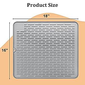 Elyum Dish Drying Mat, Silicone Drying Mat Heat Resistant Dish Mat Easy Clean Drying Mats for Kitchen Counter Non-Slip Kitchen Drying Mat (18" x 16'' , Gray)