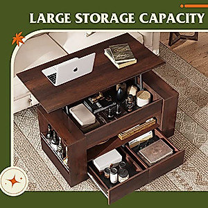 WLIVE Lift Top Coffee Table with Storage,Small Coffee Table with Drawers for Living Room,Hidden Compartment and Open Shelf,Central Table for Reception Room,Espresso