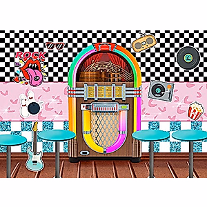 XLL Rock Roll Party Back to 50's Sock Hop Photography Background Back to 1950s Soda Shop Photo Backdrops 50s Retro Diner Time Rock Roll Classic Party Decoration Banner 7x5ft