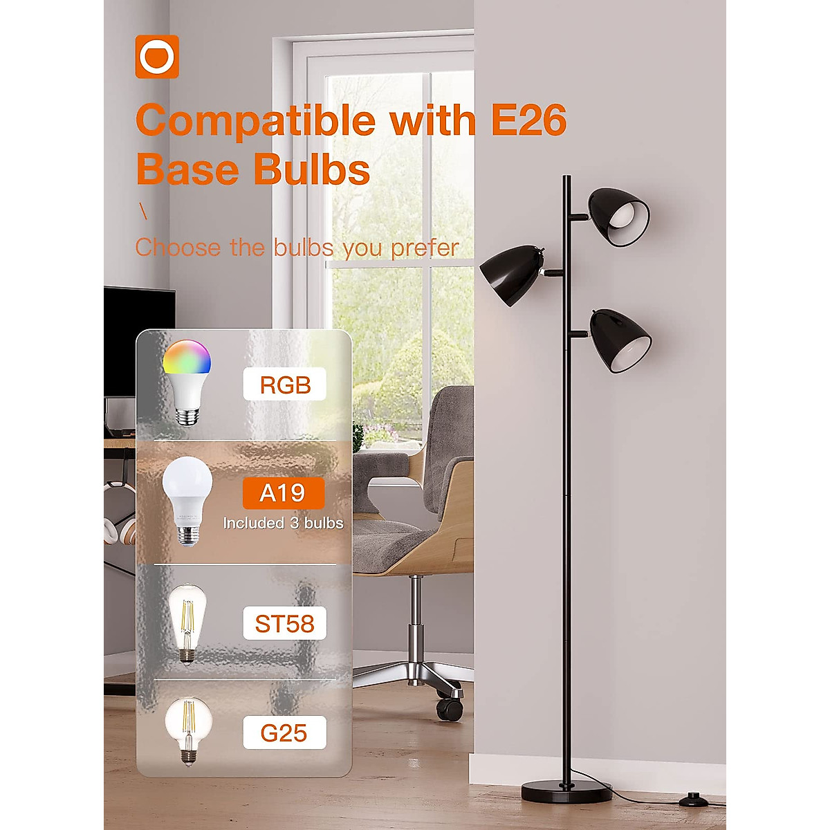 addlon Tree Floor Lamp with 3 Adjustable Rotating Lights and Matching LED Bulbs, Standing Tall Pole Lamps for Living Room, Bedroom, Home, Office - UL Listed, Black