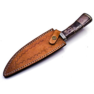 Nooraki BK-30 Handmade Damascus Steel Fixed Blade Bowie Knife with Leather Sheath, Multipurpose Knife with Camel Bone Brass Spicer Handle for Everyday Carry, Camping, Hunting, 12.5" Length