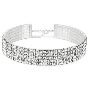 Rhinestone Choker 5 Row Silver by LuxeLife – Women’s Crystal Look Necklace with 5 Inch Extender Chain – Classic Fashion Jewelry Accessories – Matches Earrings and Bracelets Flawlessly