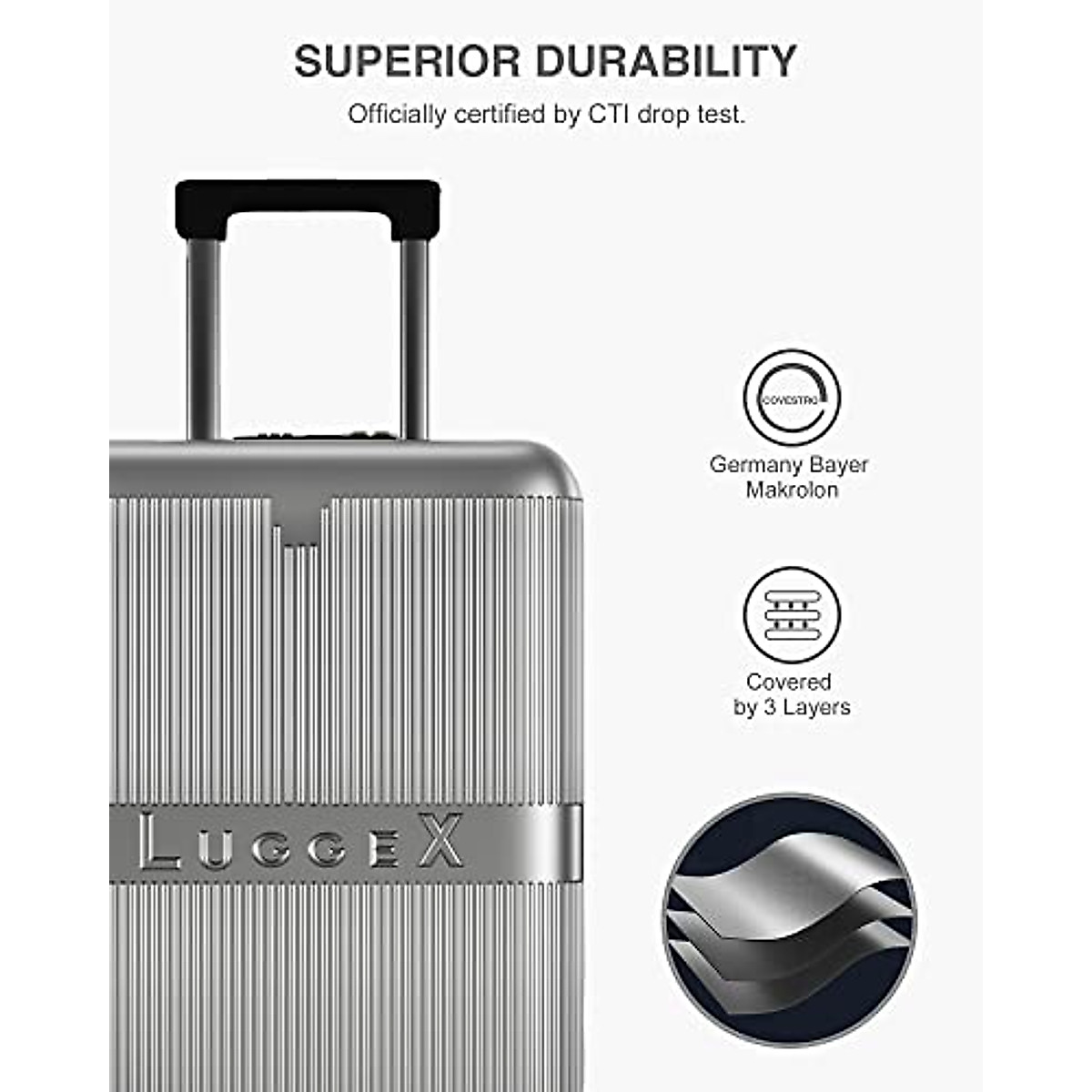 LUGGEX PC Silver Carry On Luggage 22x14x9 Airline Approved with Spinner Wheels - Hard Shell Expandable Suitcase