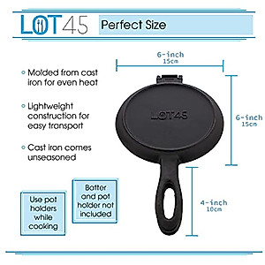 Lot45 Cast Iron Waffle Maker Pan - 6in Stove Top Waffle Iron Cookware, Portable Camping Breakfast Maker for Stovetop
