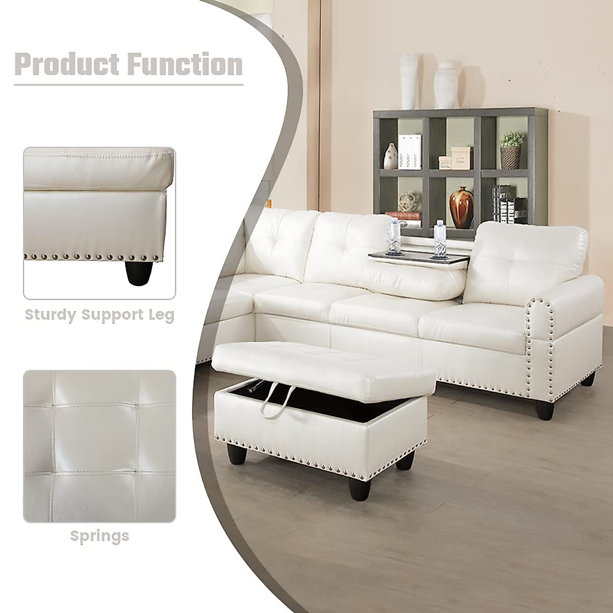 GEBADOL 97" Wide Rivet Designed L-Shaped Sofa Set 3 Pieces Faux Leather Couch and Chaise with Extra Storage Ottoman for Living Room/Office/Apartment (Left-Hand Facing, White)