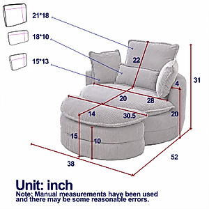 38"W Oversized Cuddle Sofa Chair Lounger with moon storage ottoman, Modern Accent Round Loveseat Circle Swivel Barrel Chairs, Swivel Chair Armchair for Bedroom, Living Room, 4 Pillows, CORDUROY(Grey)