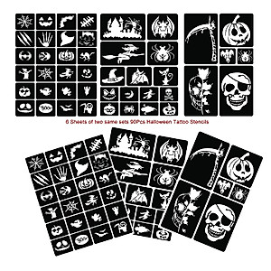 90Pcs Halloween Glitter Tattoo Stencils, Airbrush Tattoo Templates Kit Halloween Pumpkin Temporary Tattoo Stickers for Kids Drawing Template Party Props (6 Sheets)