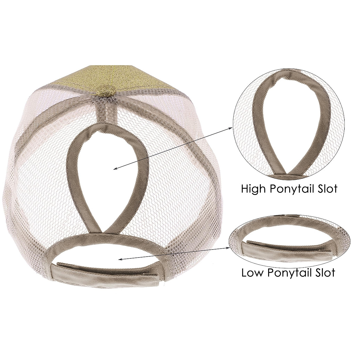 Anna-Kaci Womens Baseball Cap Glitter Ponytail Hat High Messy Bun Ponycap Trucker Dad Hat, Gold