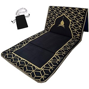 Back Support Prayer Mat Muslim Rug Islamic - Padded Prayer Rug Sajadah for Men Women for Eid Travel Ramadan, Masjid, Soft and Luxury (Black)