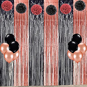 Rose Gold and Black Birthday Decorations, Black Rose Gold Party Supplies Foil Fringe Curtains Photo Backdrop for Graduation Wedding Bachelorette Birthday Party Decorations (3 Pack)