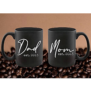 Pregnancy Gift Est 2023 - New Mommy and Daddy Est 2023 11 oz Black Mug Set with "And So The Adventure Begin" Romper (0-3 Months) - Top Mom and Dad Gift Set for New and Expecting Parents to Be