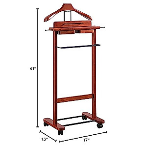 Proman Products Deluxe Suit Valet Stand VL36204 with Top Tray, Slide Out Tray, Contour Hanger, Trouser Bar, Tie & Belt Hooks and Shoe Rack, 17" W x 13" D x 41" H, Dark Cherry