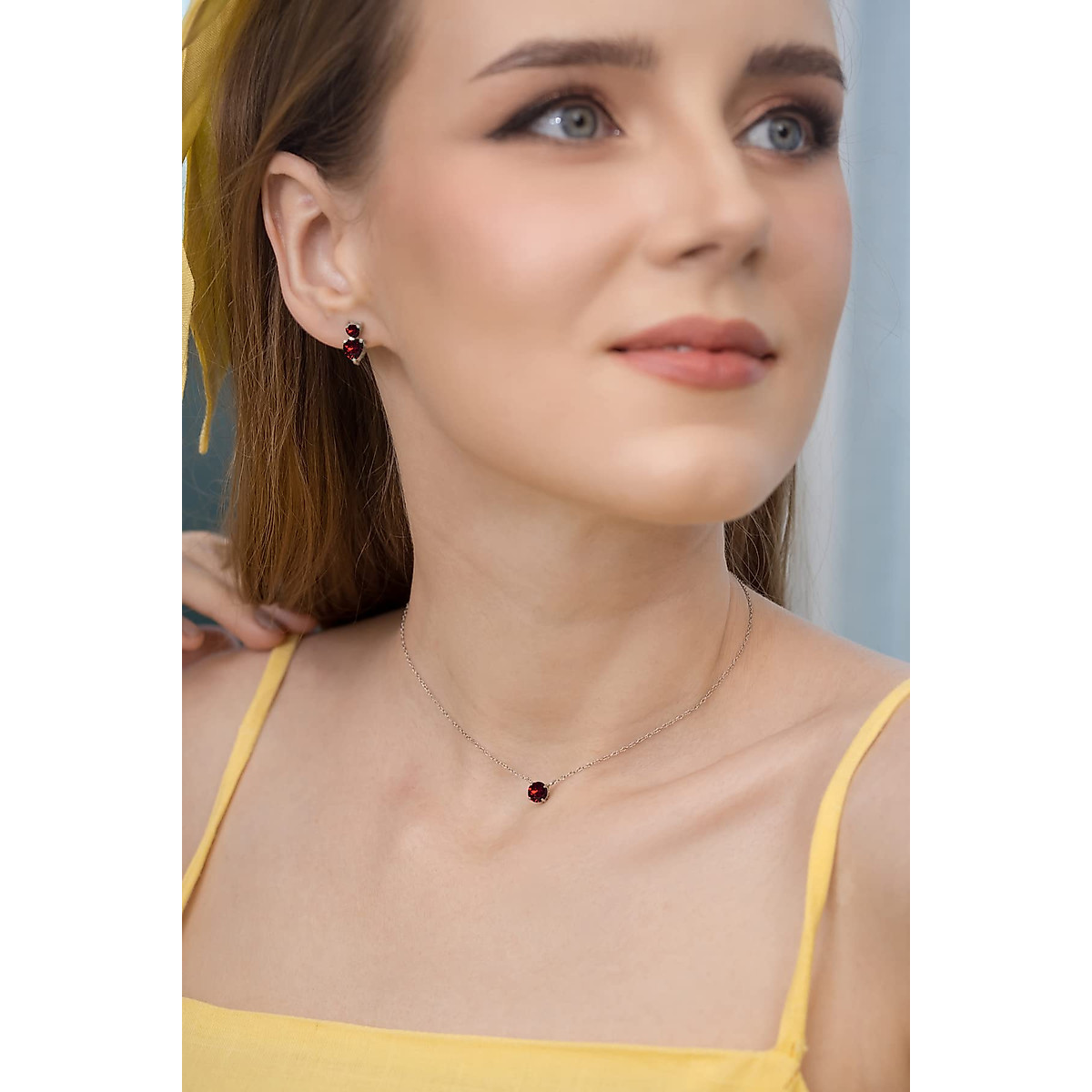 B. BRILLIANT Red Choker Necklace Sterling Silver Red Crystal Round Solitaire Dainty Short Fashion Trendy Pendant for Women, 13-16 Inches