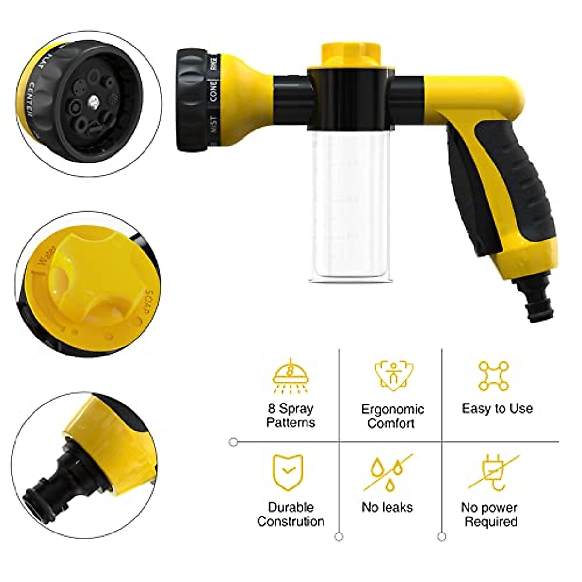 Spray Gun Nozzle, SUMLINK Garden Hose Attachment Spray Gun Nozzle with Reservoir for Soap or Fertiliser (Yellow)