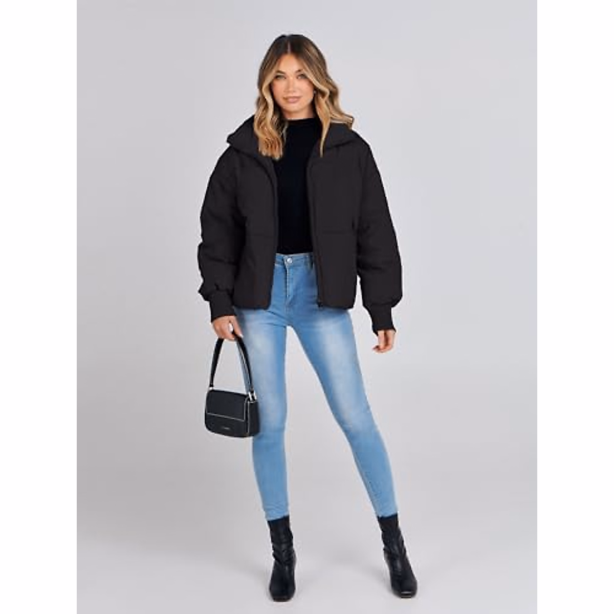 MEROKEETY Women's 2024 Winter Long Sleeve Zip Puffer Jacket Pockets Baggy Short Down Coats, Black, S